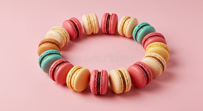 Colorful Circle of Macarons on Pink Background Stock Image - Image of ...