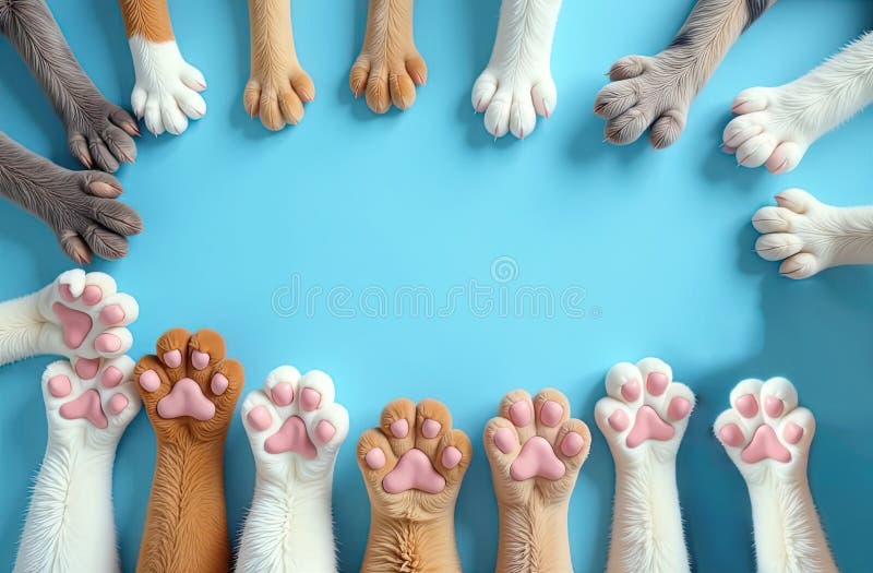 A Colorful Circle of Playful Cat Paws Resting on a Blue Surface in a ...