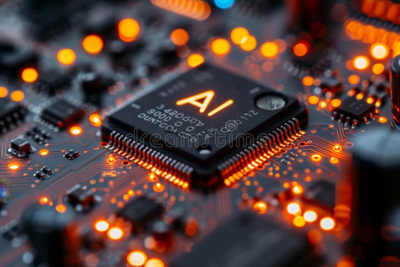 Colorful Circuit Board Tracks Leading To Central Processing Unit with ...