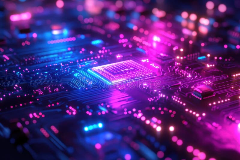 Colorful Circuit Board with Vibrant Lights and a Central Microchip in a ...