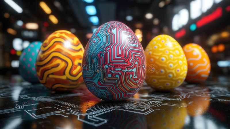Colorful Circuit Patterned Easter Eggs on Reflective Surface. Easter ...