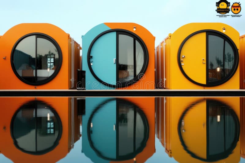 Colorful Circular Door Tiny Houses Reflecting in Water Stock ...