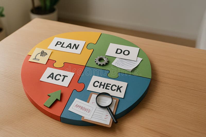 Colorful Circular Puzzle with Four Sections Labeled Plan, Do, Check and ...
