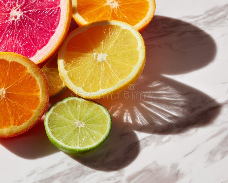 Colorful Citrus Fruit Slices on Marble Background Stock Illustration ...