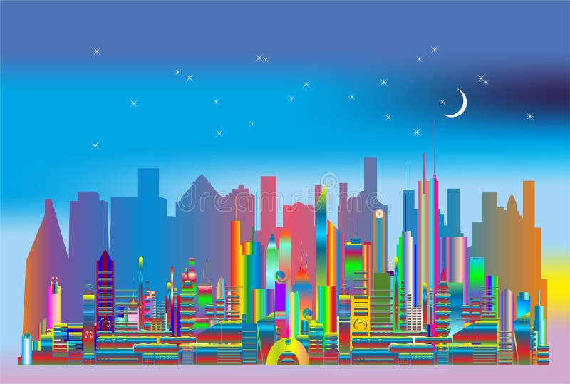 Colorful City in the Evening Stock Illustration - Illustration of ...