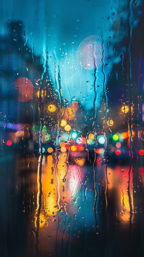 Colorful City Lights through Rain-covered Window at Night Stock Photo ...