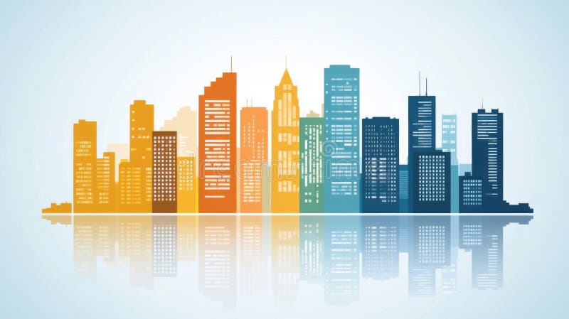 Colorful City Skyline Reflection Stock Illustration - Illustration of ...