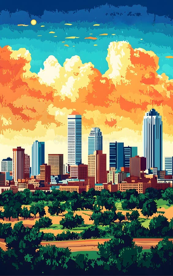 Colorful City Skyline at Sunset Stock Illustration - Illustration of ...