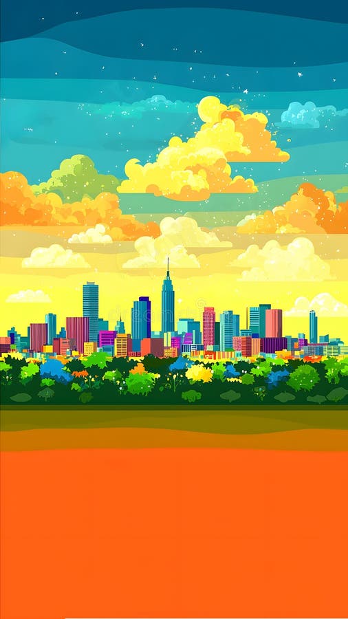 Colorful City Skyline at Sunset Stock Illustration - Illustration of ...