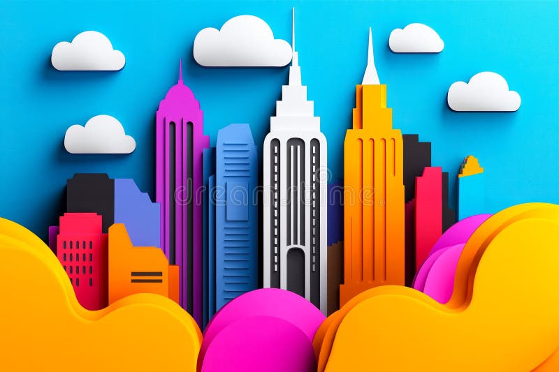 A Colorful Cityscape with Clouds and Buildings in the Background Stock ...