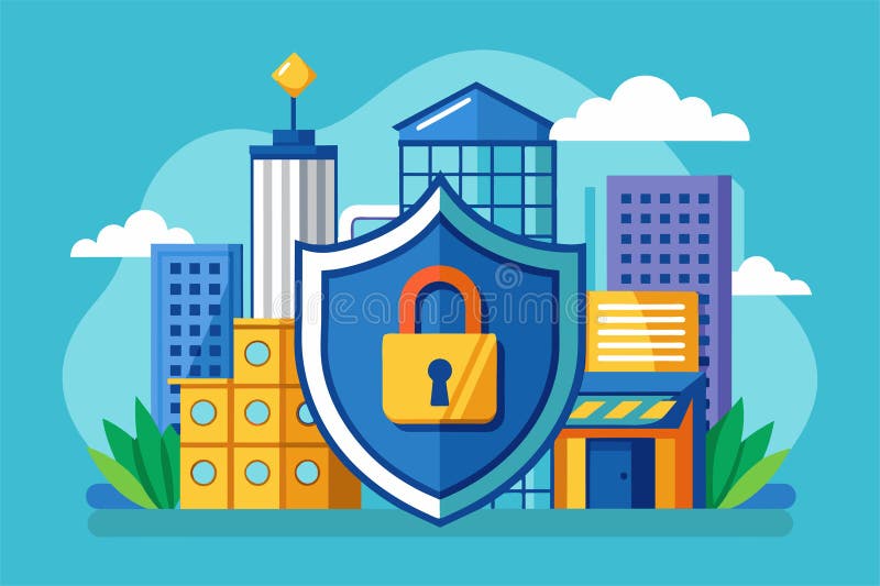 A Colorful Cityscape is Depicted with a Shield and Padlock Representing ...