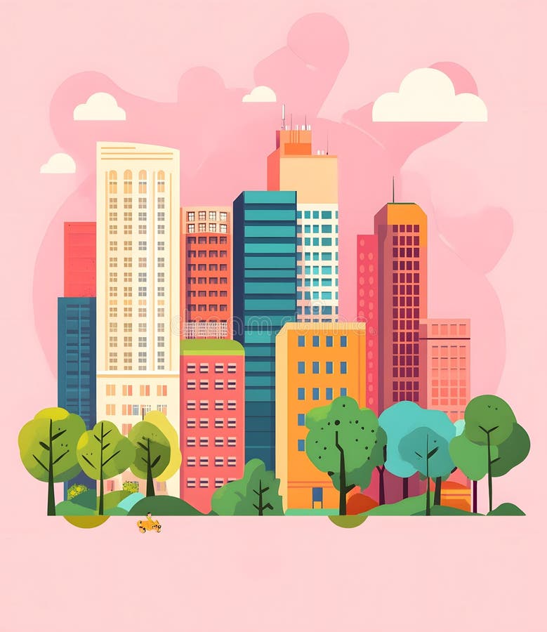 Colorful Cityscape Illustration with Trees and Pink Sky Generated Using ...