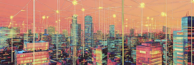 Colorful Cityscape with Overhead Glowing Connections Stock Illustration ...