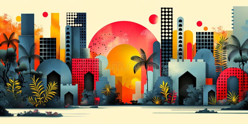 Colorful Cityscape with Stylized Architectural Elements, Perfect for ...