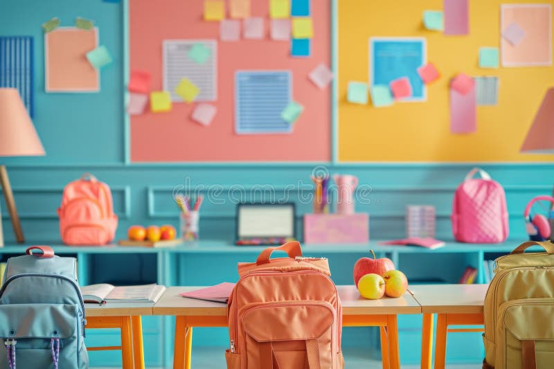 Colorful Classroom Backdrop with Backpacks and Apples. Stock Image ...