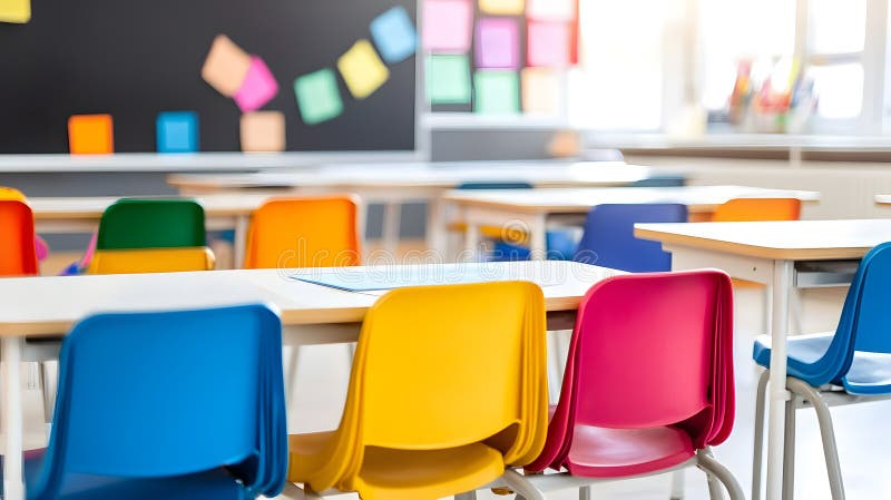 Colorful Classroom Chairs in a Bright Learning Space. Stock ...