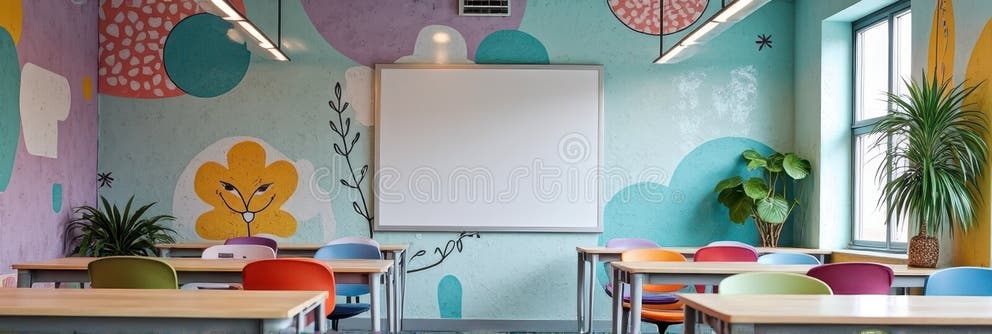Colorful Classroom Interior with Whiteboard and Multicolored Chairs in ...