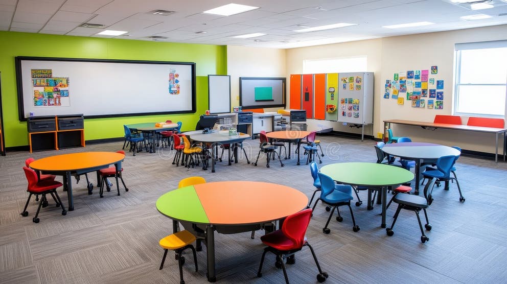 A Colorful Classroom with Tables, Chairs, and Interactive Learning ...