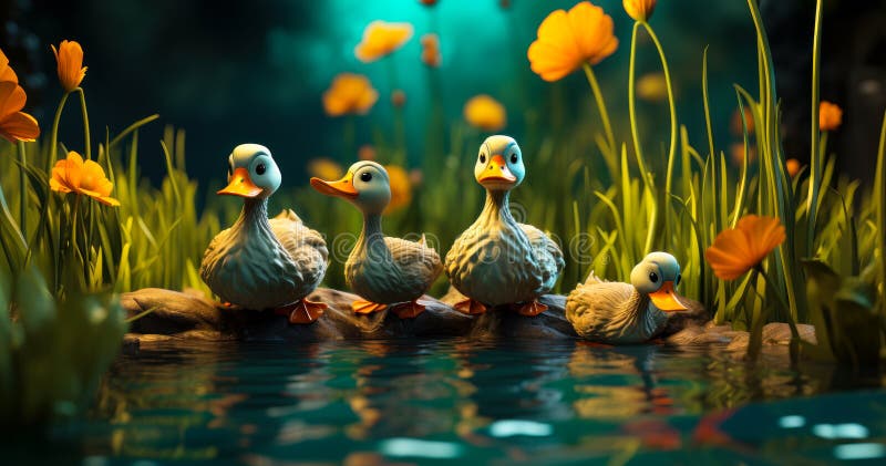 Colorful Clay Birds Claymation Style Flock of Ducks Stock Illustration ...