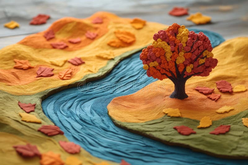 Colorful Clay Depicting Autumn Landscape with River and Tree Stock ...