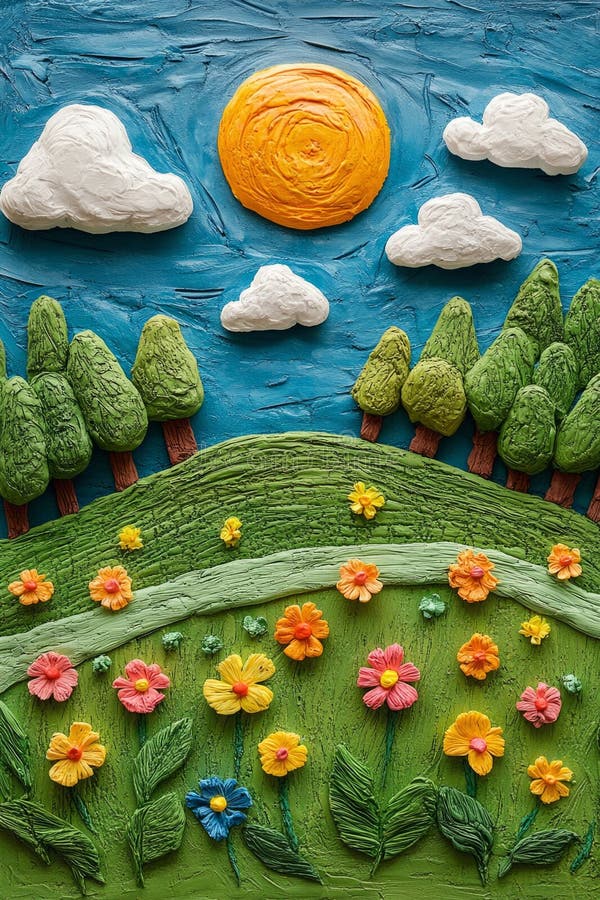 Colorful Clay Depicting Idyllic Spring Landscape with Sun and Trees ...