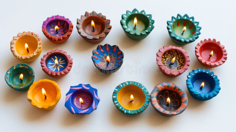 Colorful Clay Diya Lamps with Flames Burning Stock Illustration ...