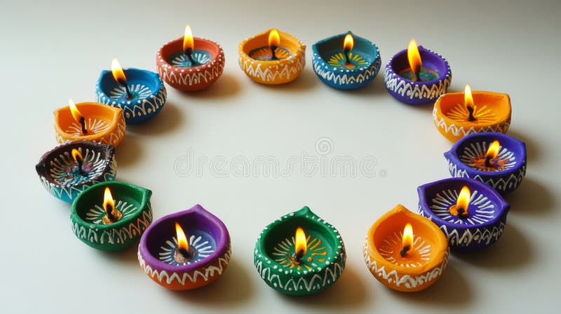 Colorful Clay Diyas with Flames Arranged in a Circle on a White Surface ...