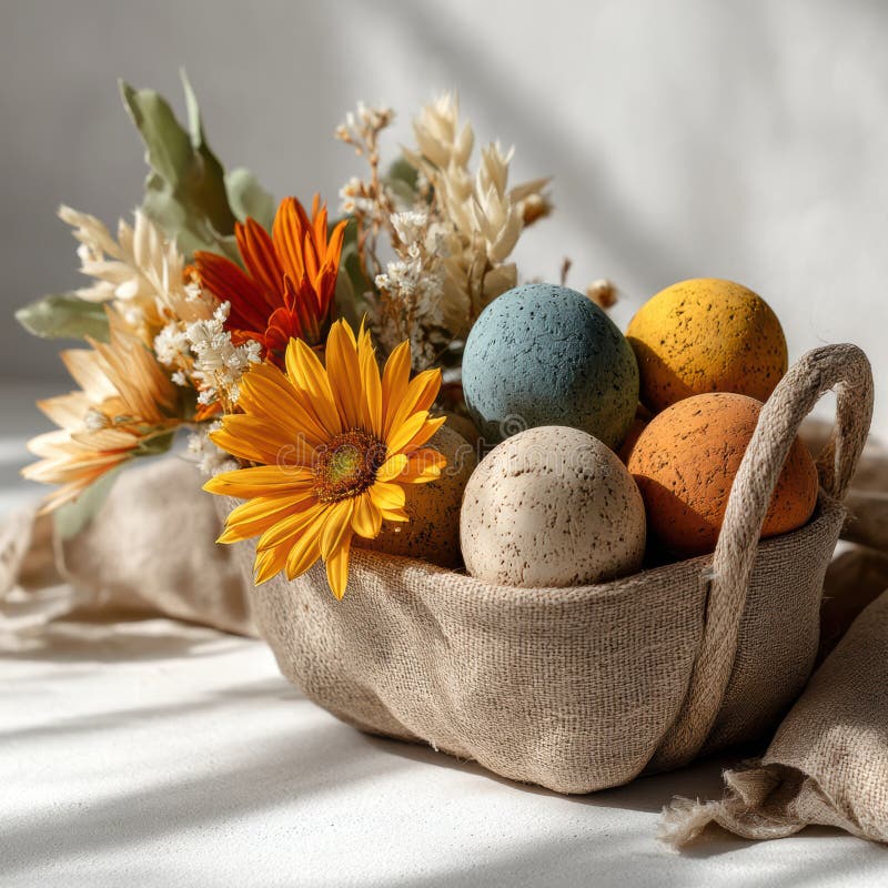 Colorful Clay Eggs and Flowers Create a Vibrant Spring Display on a ...