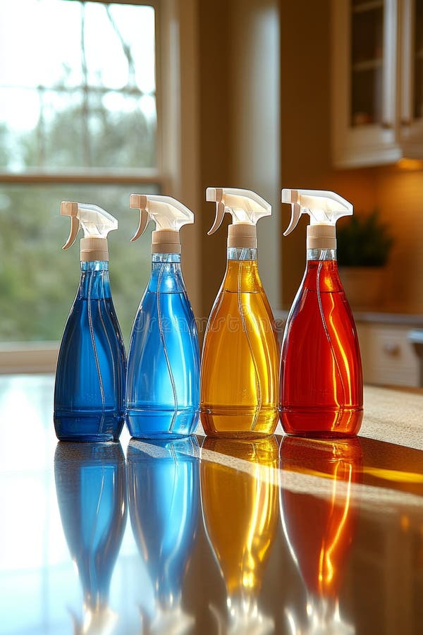 Colorful Cleaning Products on Reflective Surface Kitchen Hygiene and ...