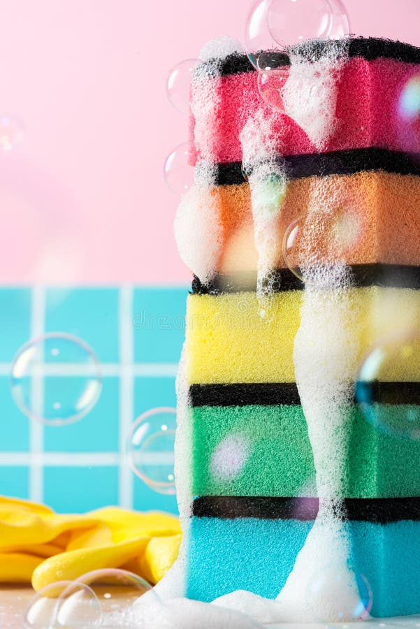 Colorful Cleaning Sponge on Kitchen Counter. Copy Space Background for ...