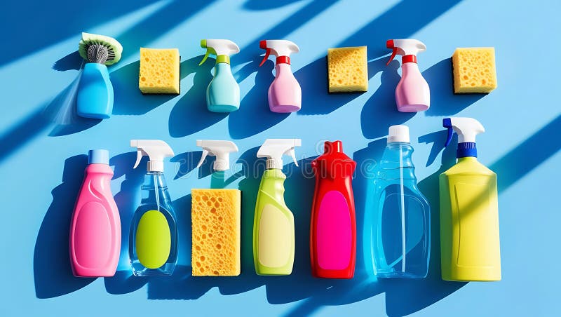 Colorful Cleaning Supplies Arranged on a Blue Background Stock ...