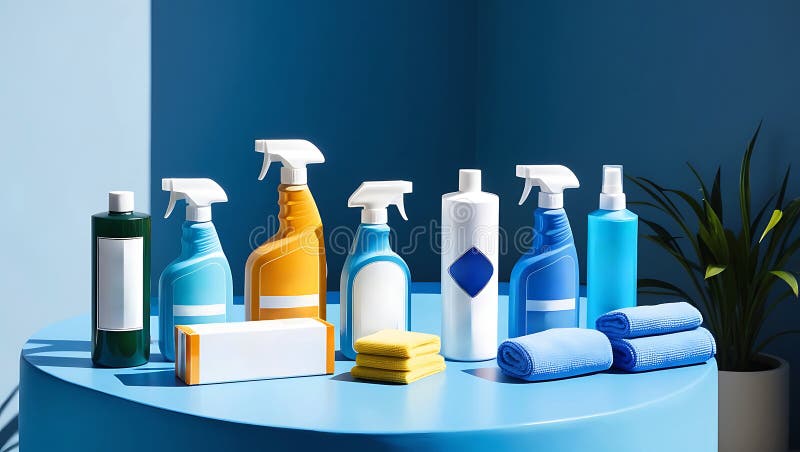 Colorful Cleaning Supplies Arranged on a Blue Background Stock ...