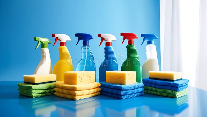 Colorful Cleaning Supplies Arranged on a Blue Background Stock ...