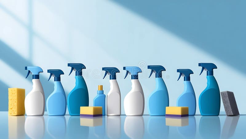 Colorful Cleaning Supplies Arranged on a Blue Background Stock ...