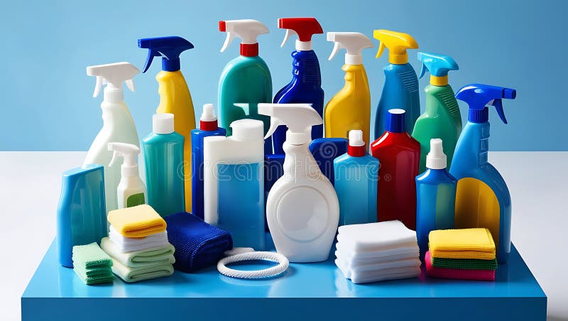 Colorful Cleaning Supplies Arranged on a Blue Background Stock ...