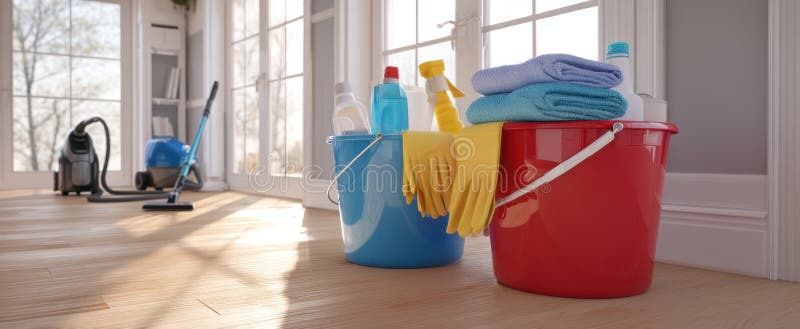 The Colorful Cleaning Supplies Arranged for Efficient Household Chores ...