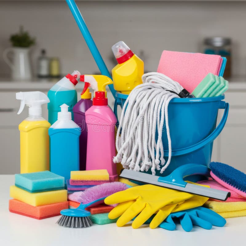 Colorful Cleaning Supplies in Blue Bucket Stock Illustration ...
