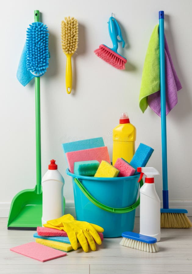 Colorful Cleaning Supplies and Tools in a Blue Bucket Stock ...
