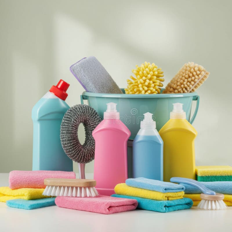 Colorful Cleaning Supplies and Tools in Pastel Colors Stock ...