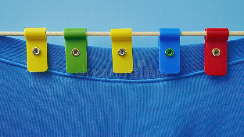 Colorful Clips Holding Fabric Against Blue Background in Soft Light ...