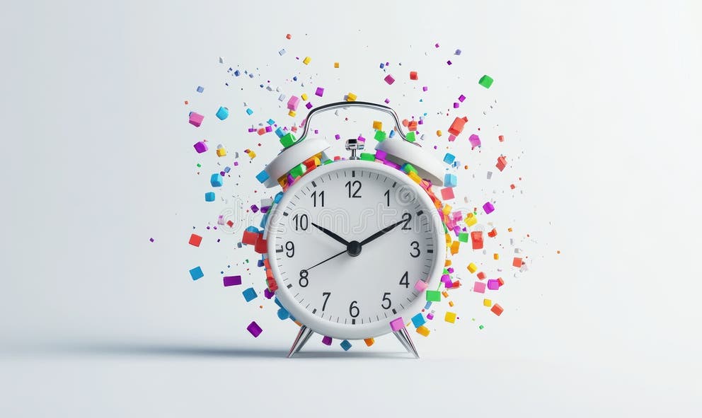 A Colorful Clock with Brightly Colored Objects Exploding Out from ...