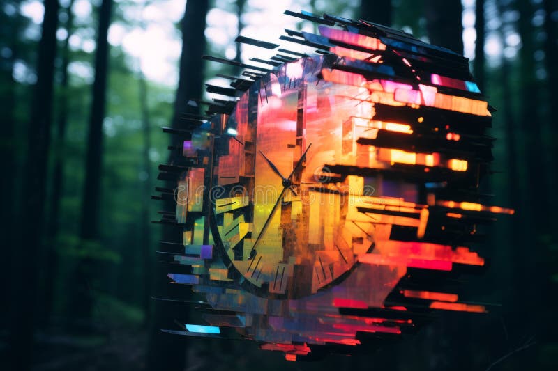 A Colorful Clock Hanging from a Tree in the Woods Stock Illustration ...