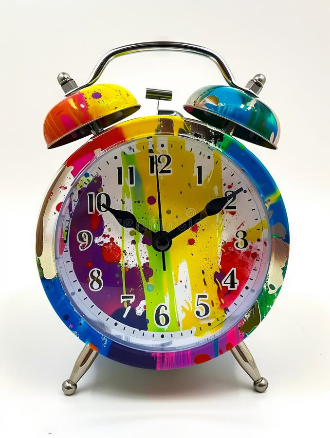 A Colorful Clock with a Paint Splatter Design Stock Photo - Image of ...