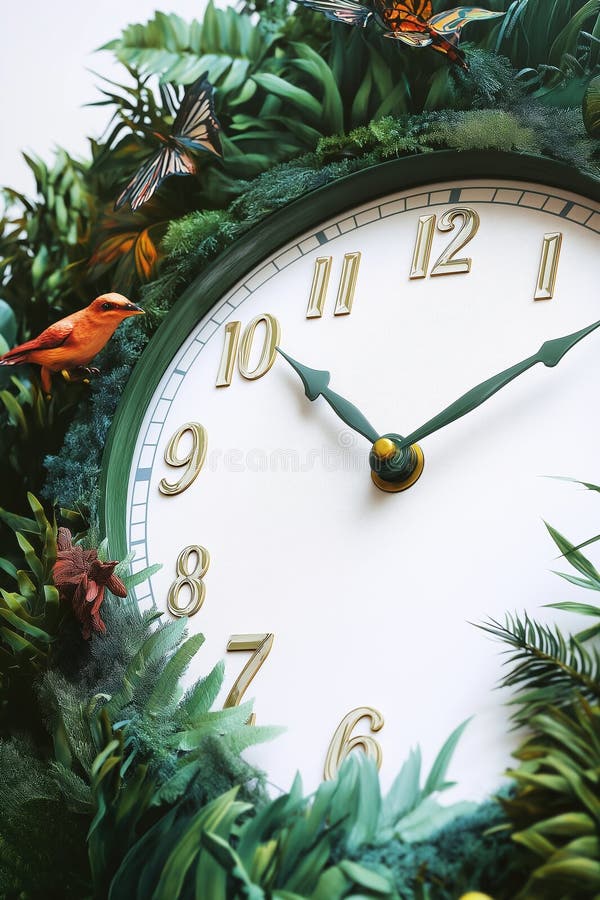 Colorful Clock Surrounded by Lush Greenery, Butterflies, and Decorative ...