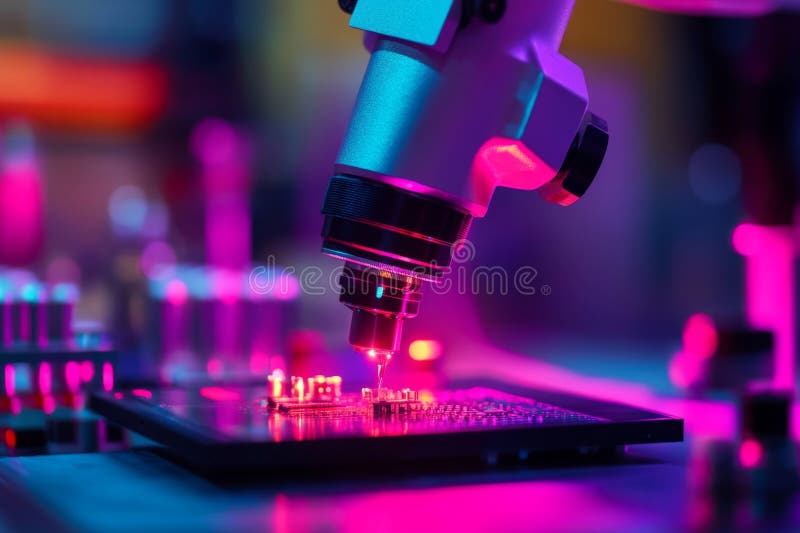 A Colorful Close-up of a Microscope Examining a Microchip. the Details ...