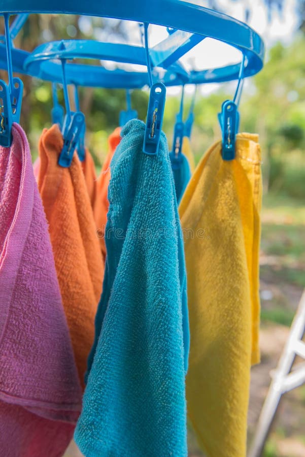 Colorful Clothes Hang on Clothesline Plastic, Outdoor. Stock Image ...