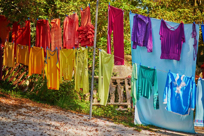Colorful Clothes Hanging on the Rope Repeating Rainbow Colors Stock ...