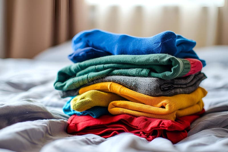 Colorful Clothes Neatly Stacked on a Bed in a Bedroom, AI-generated ...