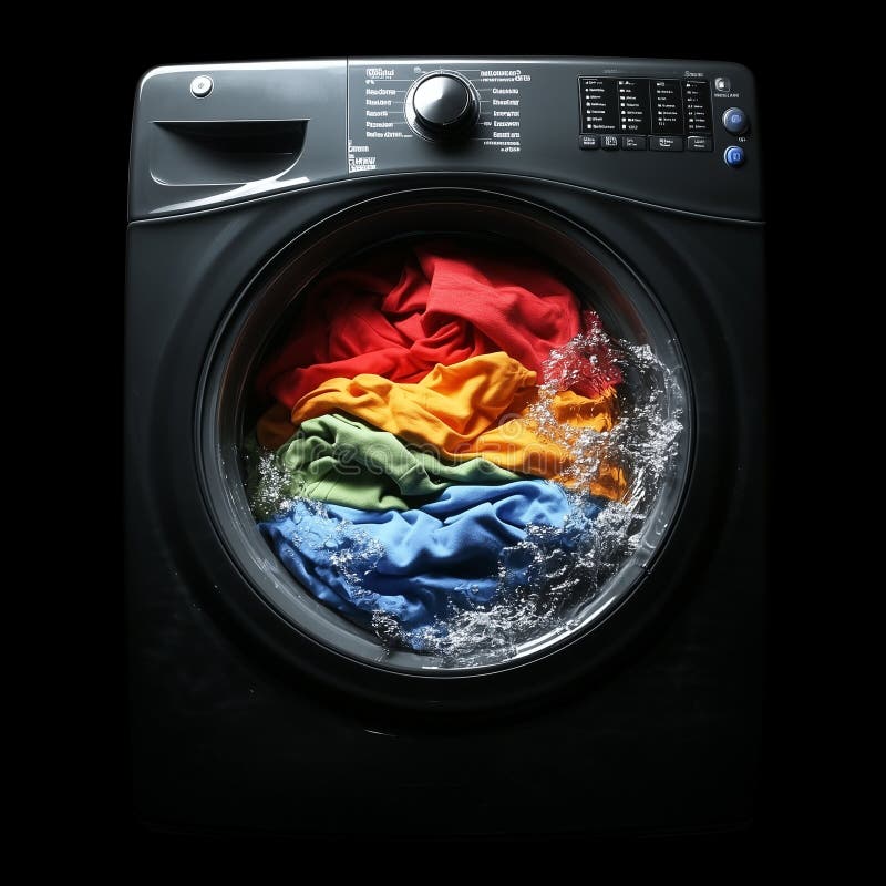 Colorful Clothes Spinning in Washing Machine with Water Splashing Stock ...