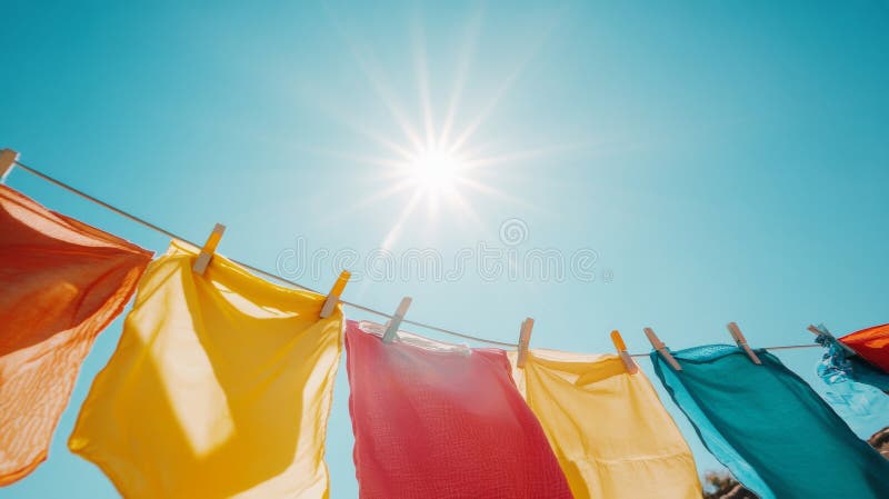 Colorful Clothesline Sunlight, Bright Fabrics Drying, Summer ...
